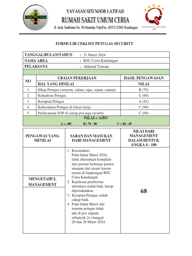 FORMULIR CEKLIST PETUGAS SECURITY MARET 2024 Fix | PDF