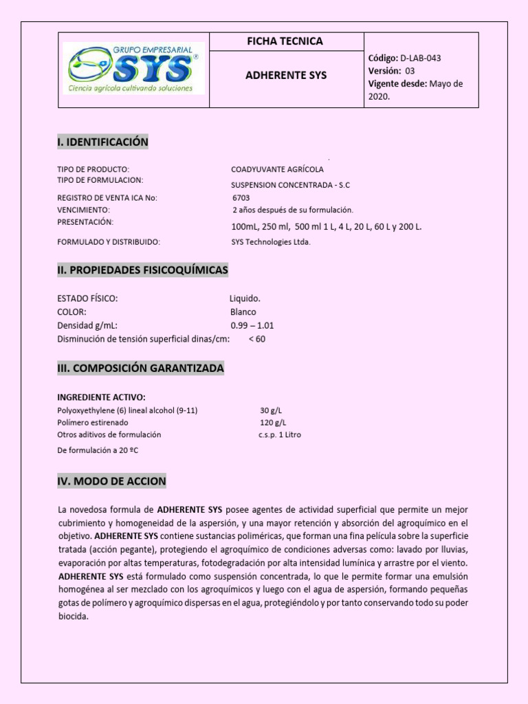 FICHA TECNICA ADHERENTE-SYS | PDF | Materia suave | Líquidos