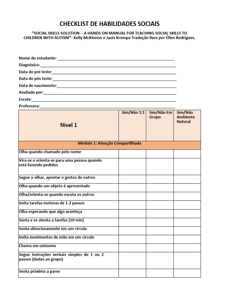 CHECKLIST DE HABILIDADES SOCIAIS - Social Skills | PDF | Emoções | Família