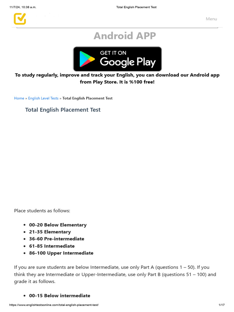 Total English Placement Test Guide | PDF | Google Play | Mobile Software