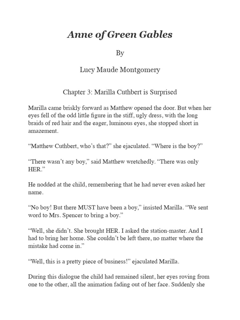 Anne of Green Gables 003 Chapter 3 Marilla Cuthbert is Surprised | Download Free PDF | Anne Of ...