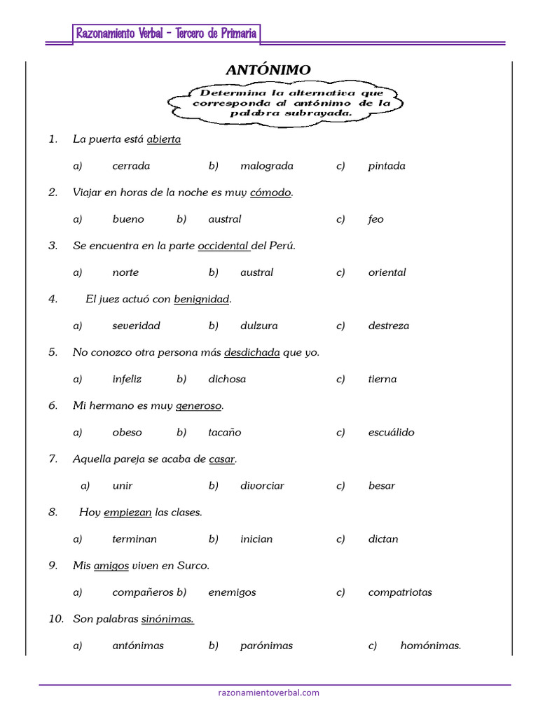 Oraciones y Antónimos para Tercer Grado | PDF