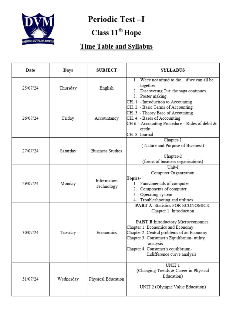 PT-1 Time Table & Syllabus Class 11th Hope | Download Free PDF | Economics | Microeconomics