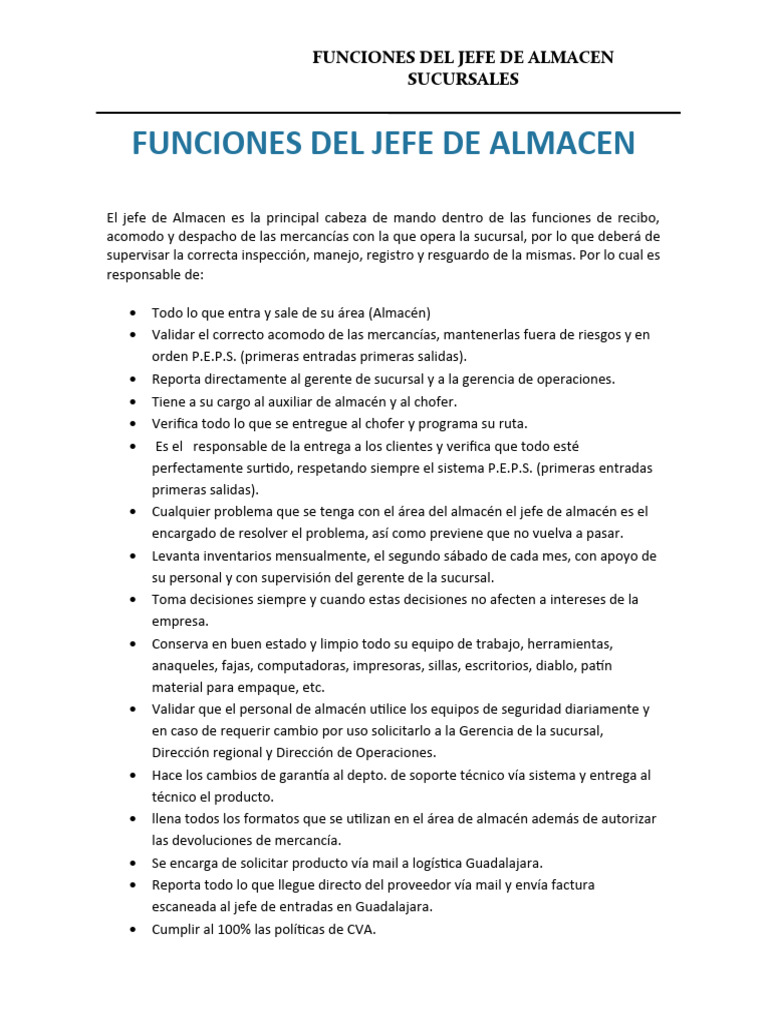 Funciones del jefe de almacen 2024 | Descargar gratis PDF | Logística | Almacén
