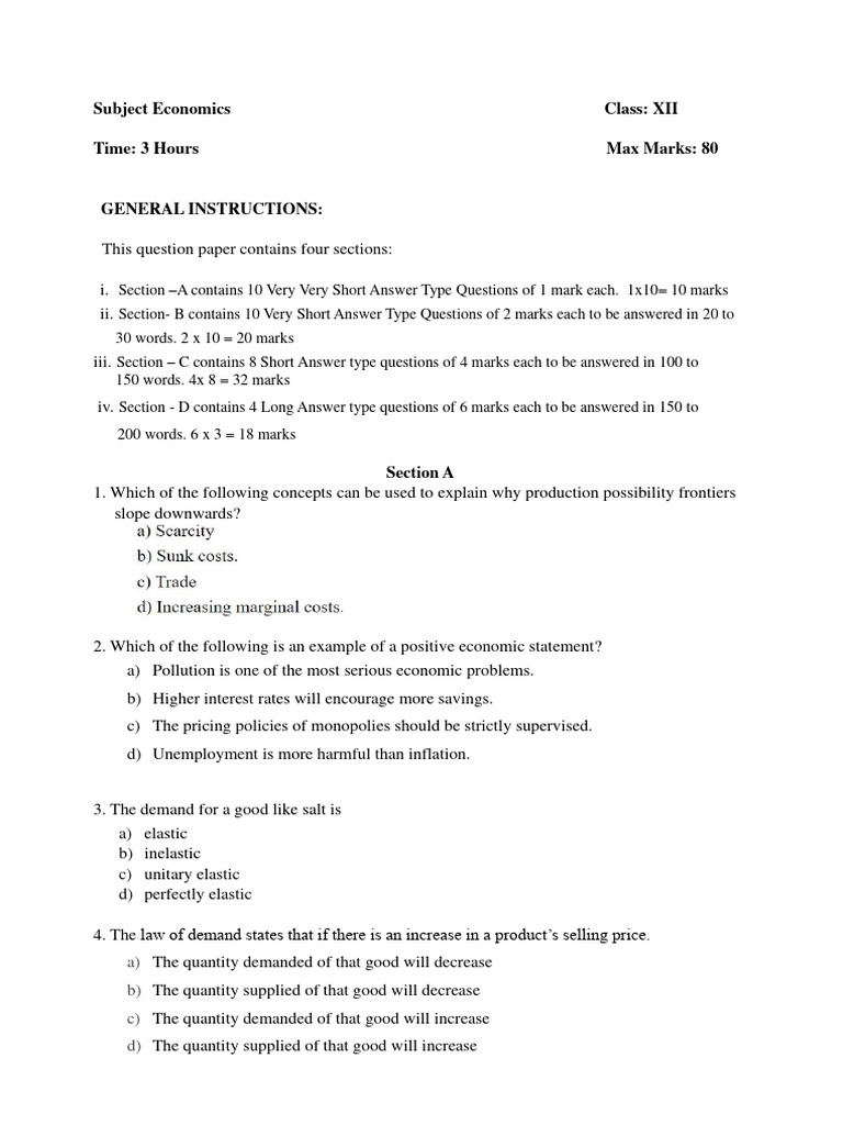 Model Paper Economics 12th | PDF | Elasticity (Economics) | Supply ...