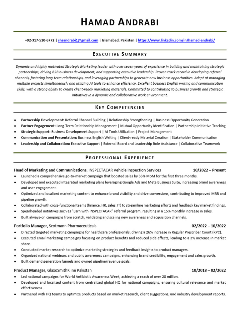 Hamad Andrabi Resume 2024 | PDF | Marketing | Marketing Communications