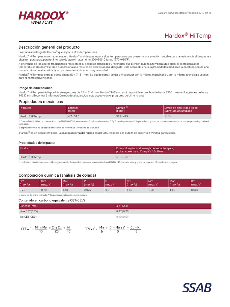 Data Sheet 2068es Hardox® HiTemp 2017-12-15 | PDF | Acero | Dureza