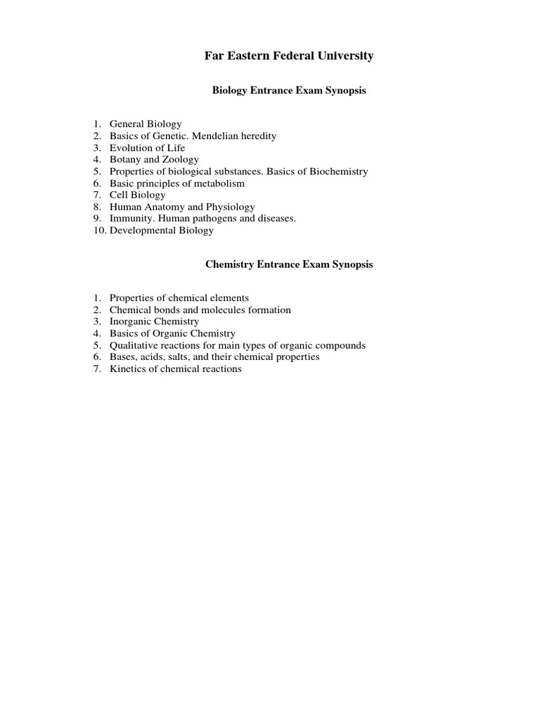 FEFU Biology and Chemistry Entrance Exam Topics | PDF