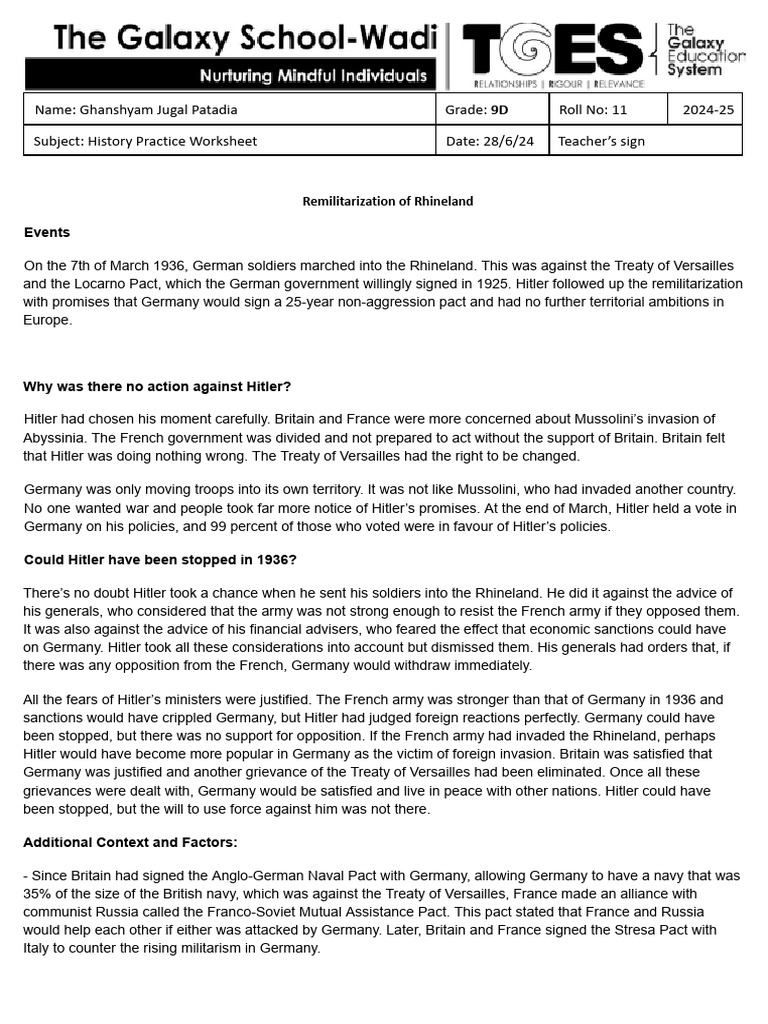 Rhineland Remilitarization 1936 Worksheet | PDF | Adolf Hitler | Treaty ...