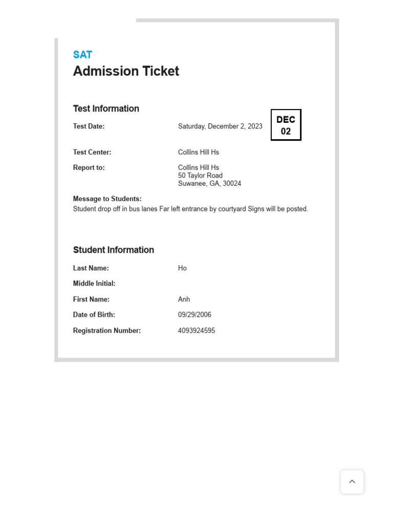 Admission Ticket: Test Information | PDF