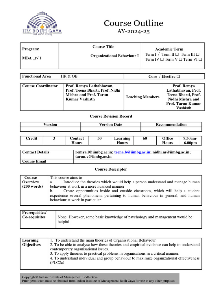 Course Outline OB 1 - AY-2024-25 | PDF | Lecture | Leadership