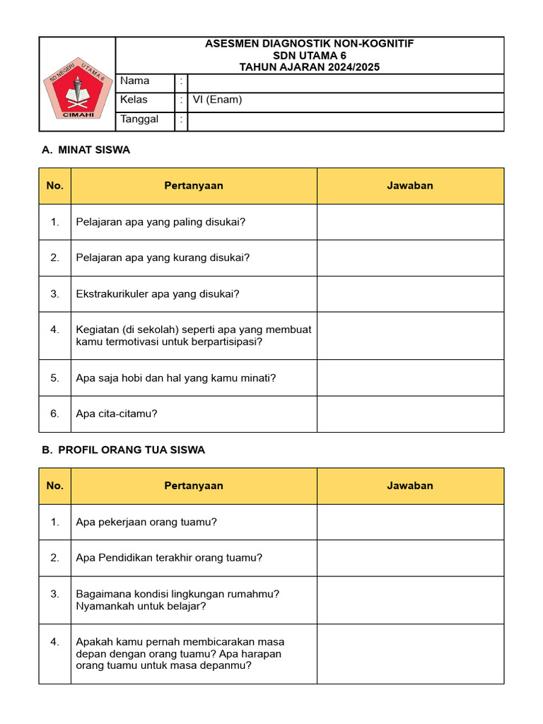 Asesmen Diagnostik Non-Kognitif (Akm Kls 6) | PDF | Karier & Perkembangan | Pengembangan Diri