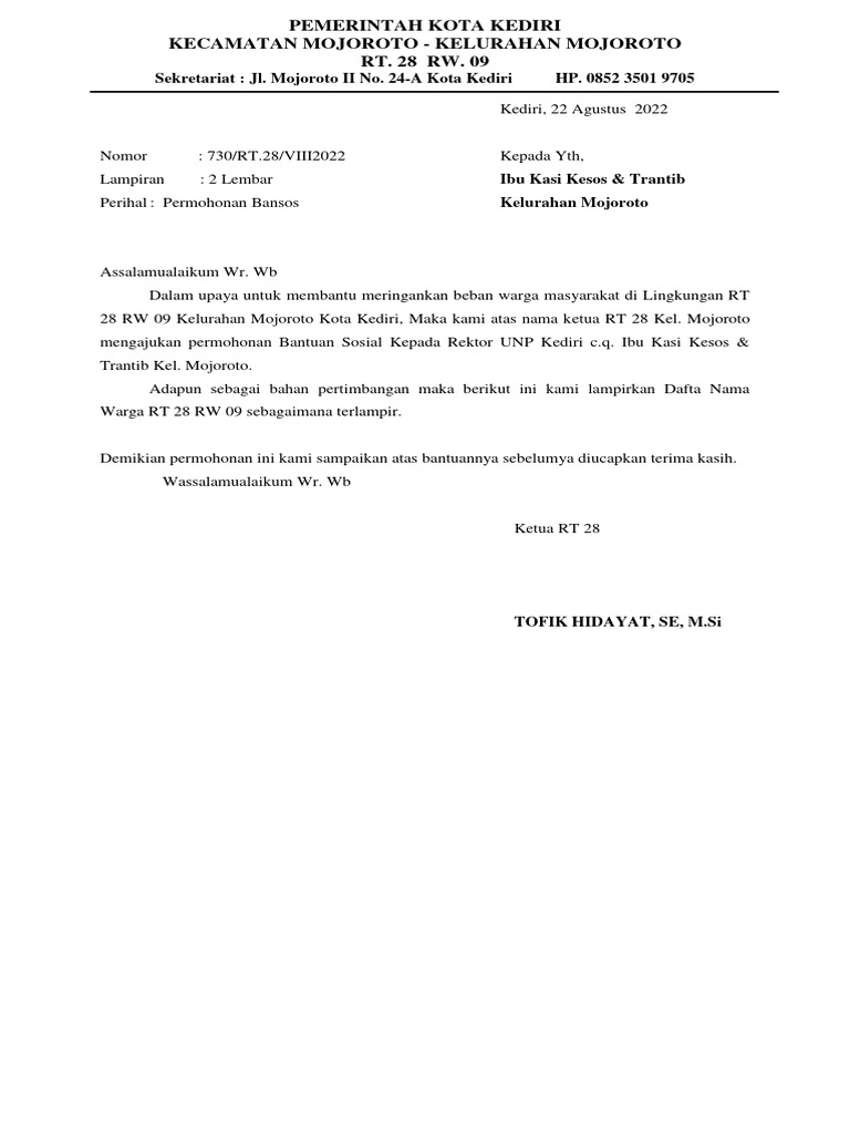 Surat Permohonan Bansos Unp | PDF