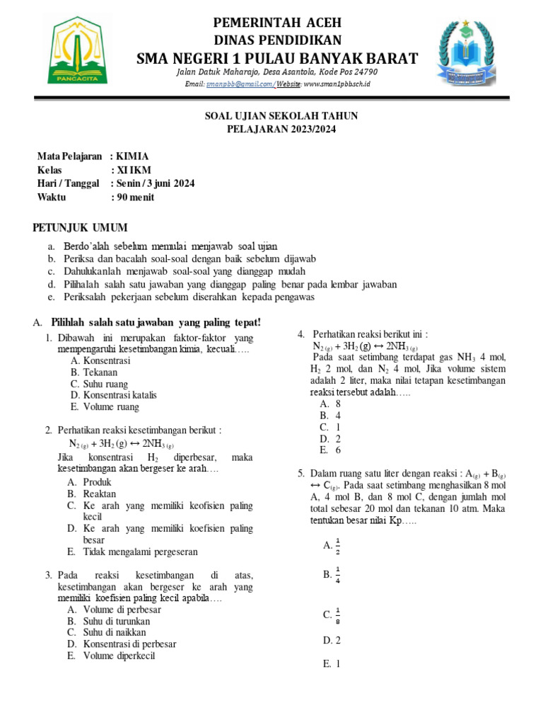 Soal Ujian Kimia (Semester Genap Kelas Xi) 2024 | PDF | Sains & Matematika