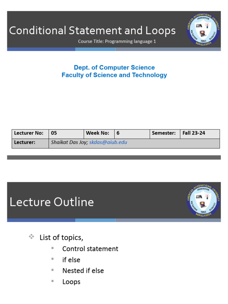 PL1 Lecture 5 Conditional Statement and Loops | PDF | Control Flow | Computer Science