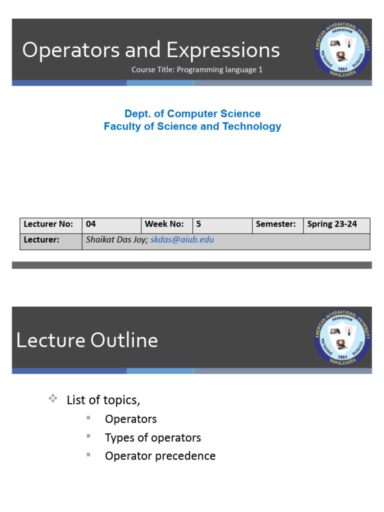 Pl1 Lecture 4 Operators And Expressions Pdf Arithmetic Computer Programming 