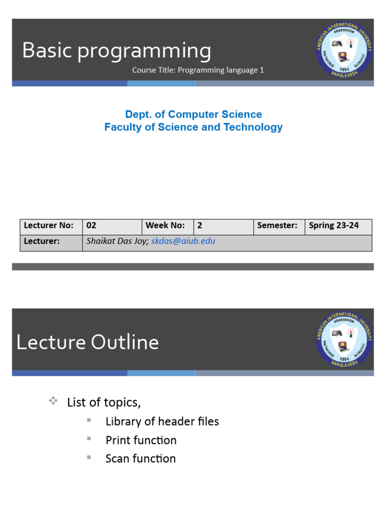 Pl1 Lecture 2 Library And Printf Scanf Function Pdf Computer