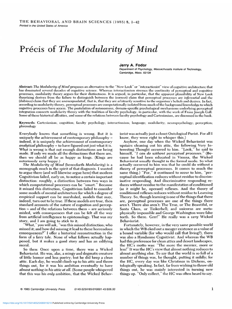 Precis of The Modularity of Mind | PDF | Perception | Mind