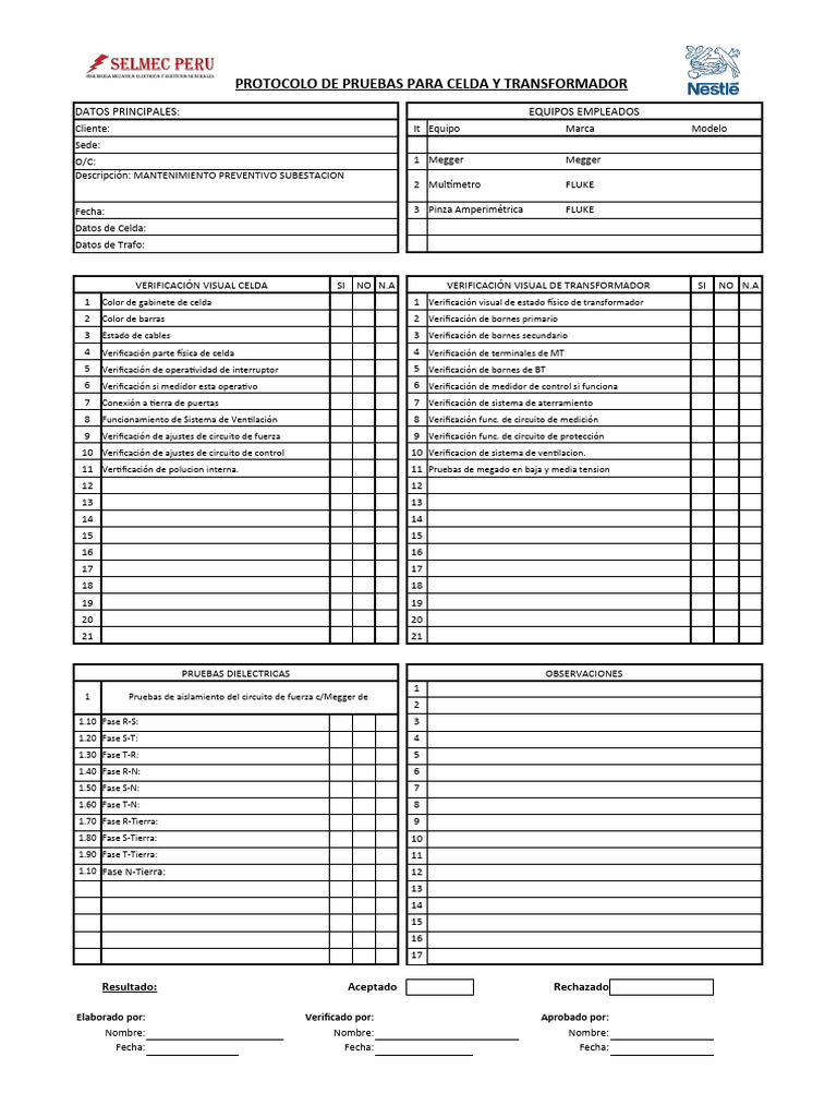 A-4 PROTOCOLO DE PRUEBAS PARA CELDA Y TRANSFORMADOR | PDF | Transformador | Ingenieria Eléctrica