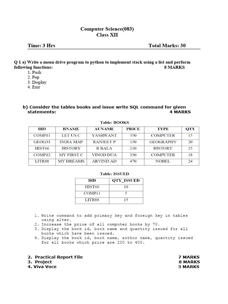 Computer Science - 083 Practical - XII | PDF | Computers