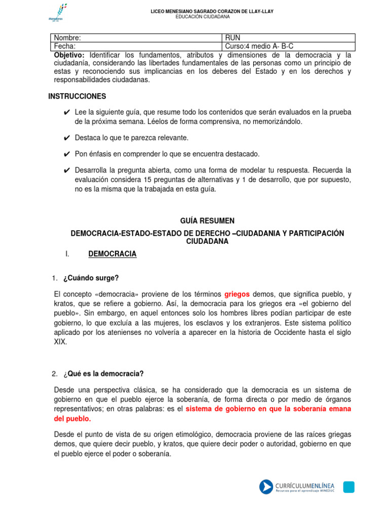 GUÍA RESUMEN - APOYO PARA LA EVALUACIÓN SUMATIVA N°1 - Cuarto Medio A-C ...