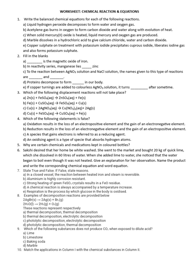Worksheet Chemical Reaction & Eq | PDF | Chemical Reactions | Redox
