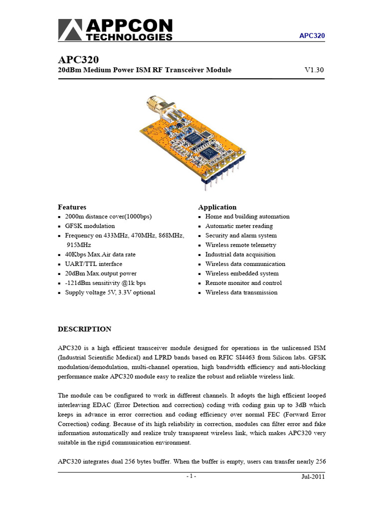 APC320 RF Transceiver Module Overview | PDF | Bit Rate | Error ...
