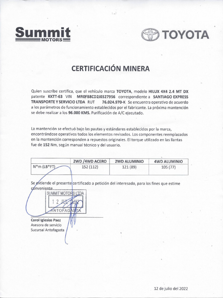 Certificacion Minera Mantención KKTT 63 Jul 2022 | PDF