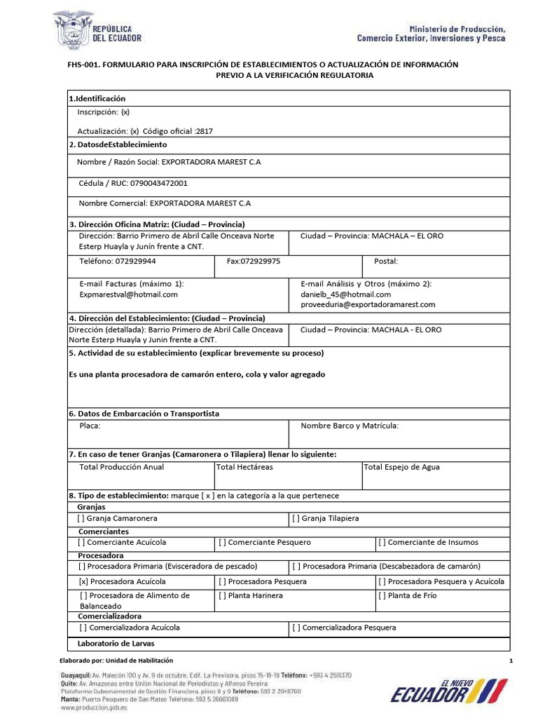 Formulario Inscripción Procesadora Acuícola | PDF