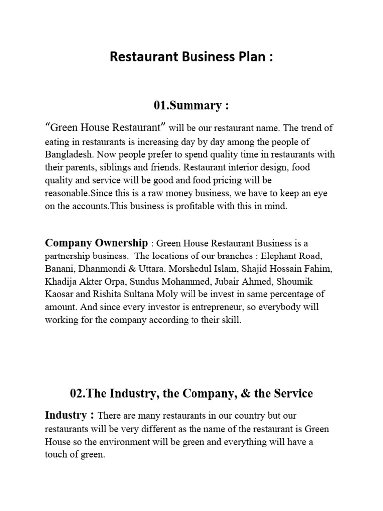 Green House Restaurant Business Plan | PDF | Restaurants | Menu