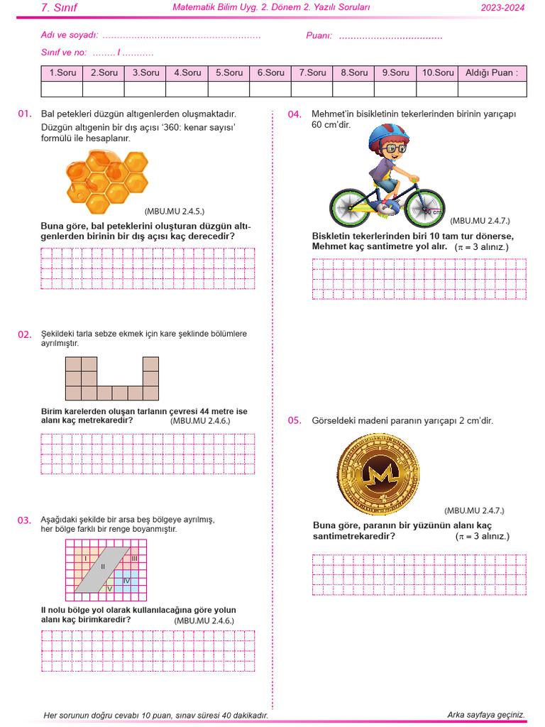 7 Snfmatematikbilimuyg 2 Dnem2 Yazl | PDF