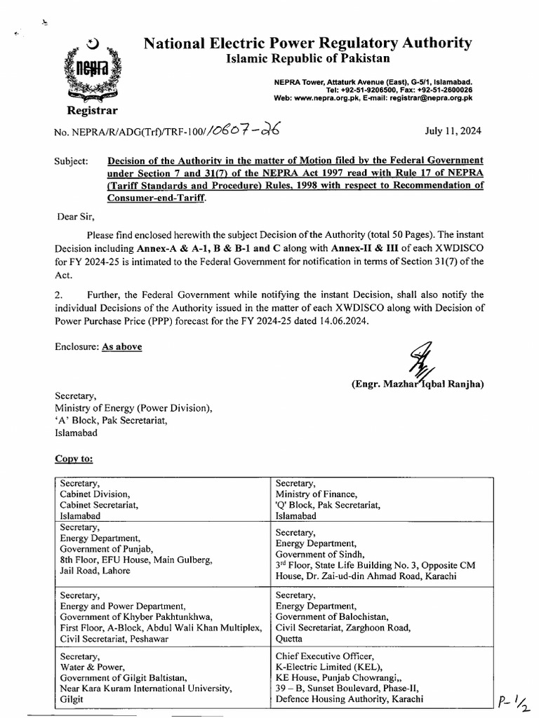 Trf-100 Xwdiscos and Ke Review Motion Consumer End Tariff 11-07-2024 10607-26 | PDF | Tariff ...