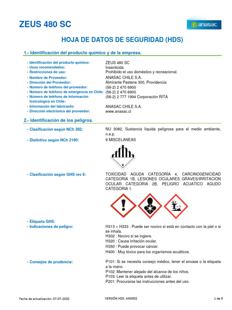Zeus 480 SC - HDS 1 | PDF | Agua | Toxicidad