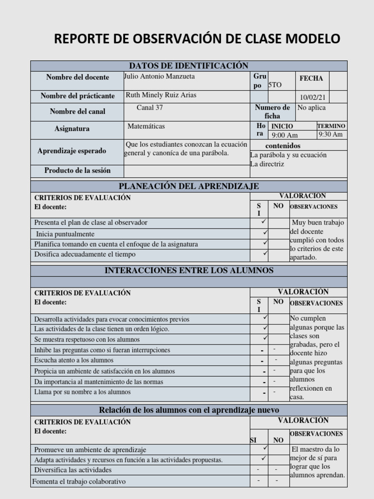 REPORTE DE OBSERVACIÓN DE CLASE MODELO Ruth | PDF | Evaluación | Cognición