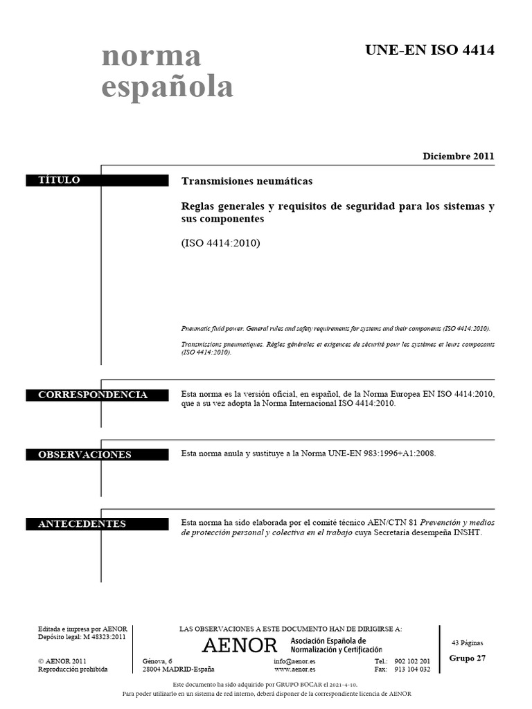 Norma ISO 4414: Seguridad en Neumática | PDF | Estandarización | Neumático