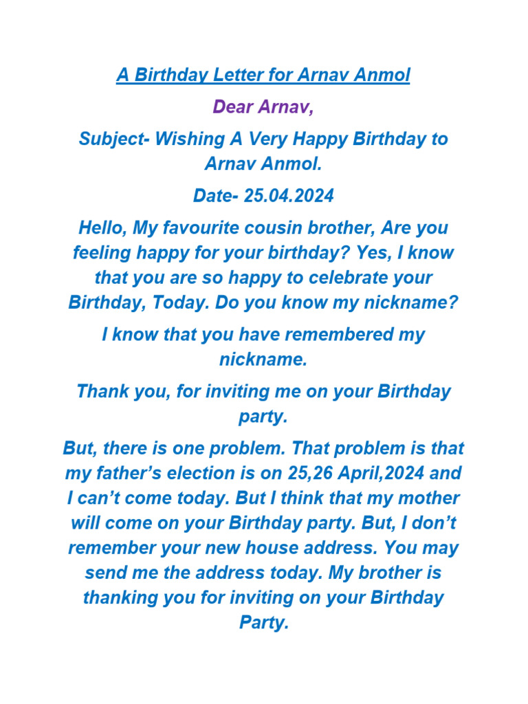 A Birthday Letter For Arnav Anmol | PDF