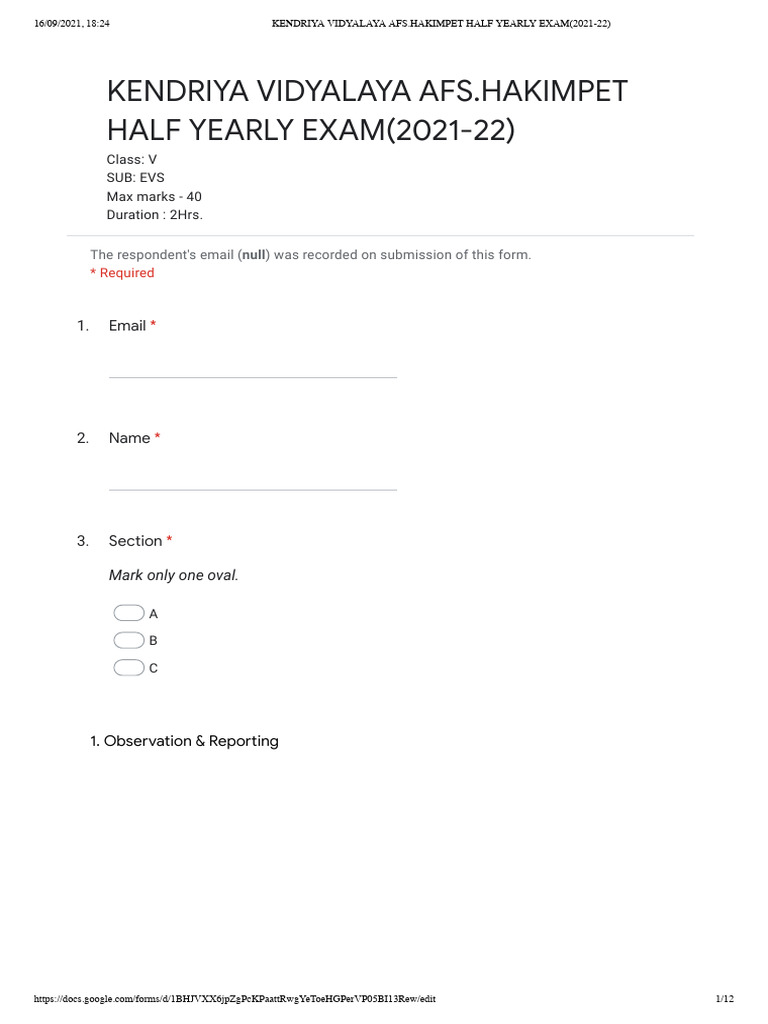 Half Yearly Paper 2021 - Google Forms | PDF | Biology