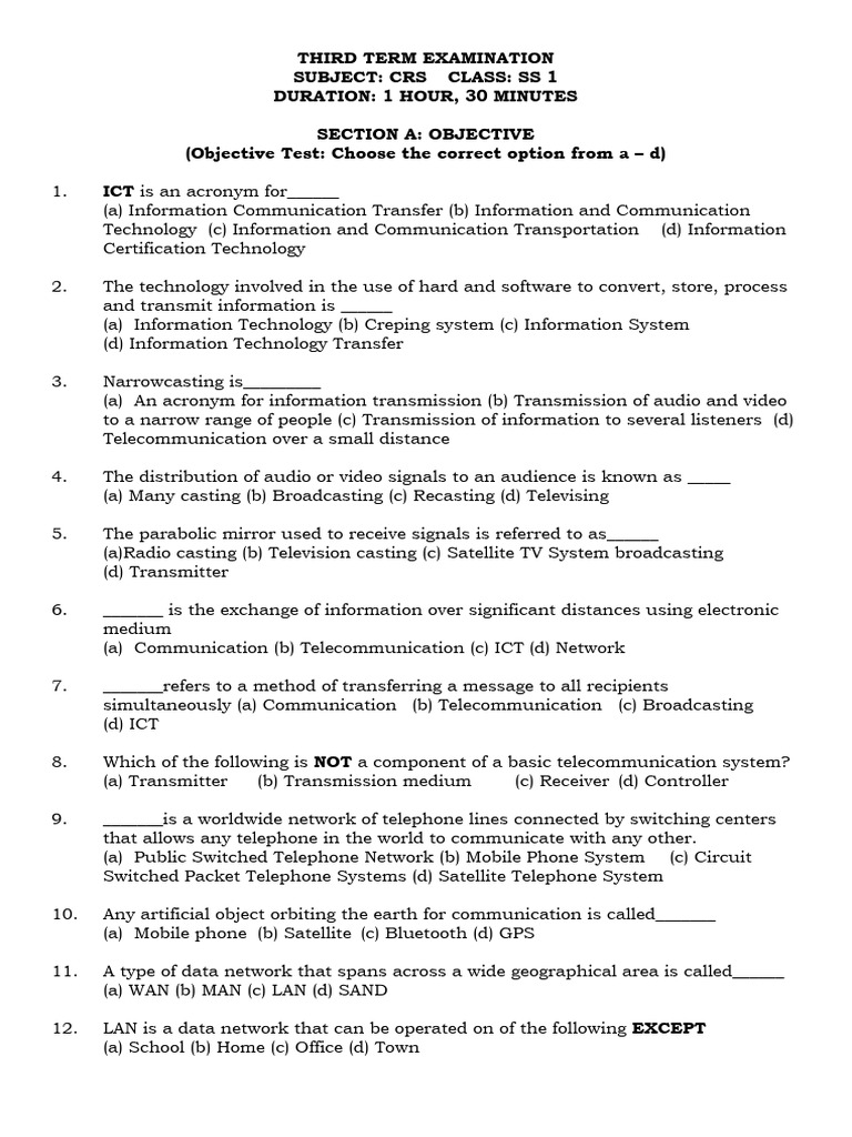 Free Computer Studies Exam Questions For Ss1 Third Term | PDF | Telecommunications | Computer ...