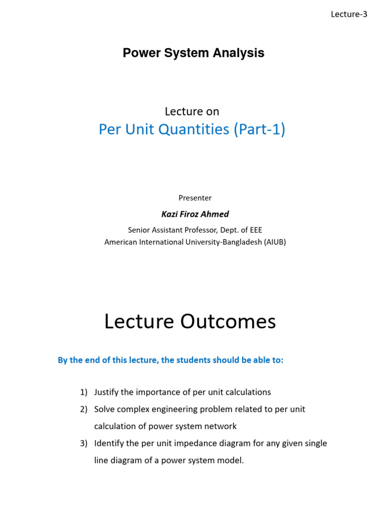 PSA - Lecture 3 - Per Unit Calculations (Part-1) | PDF | Physical ...