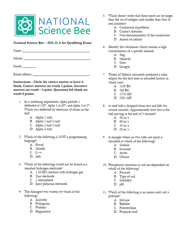 National Science Bee 2021-2022 | PDF | Acid | Ph