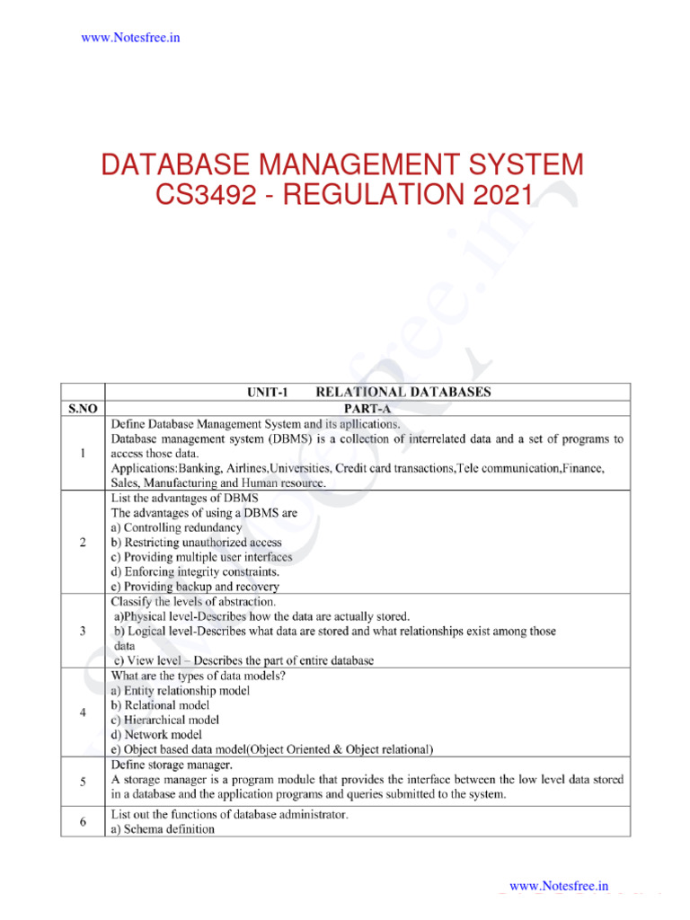 dbms 2marks all units | PDF | Database Transaction | Databases