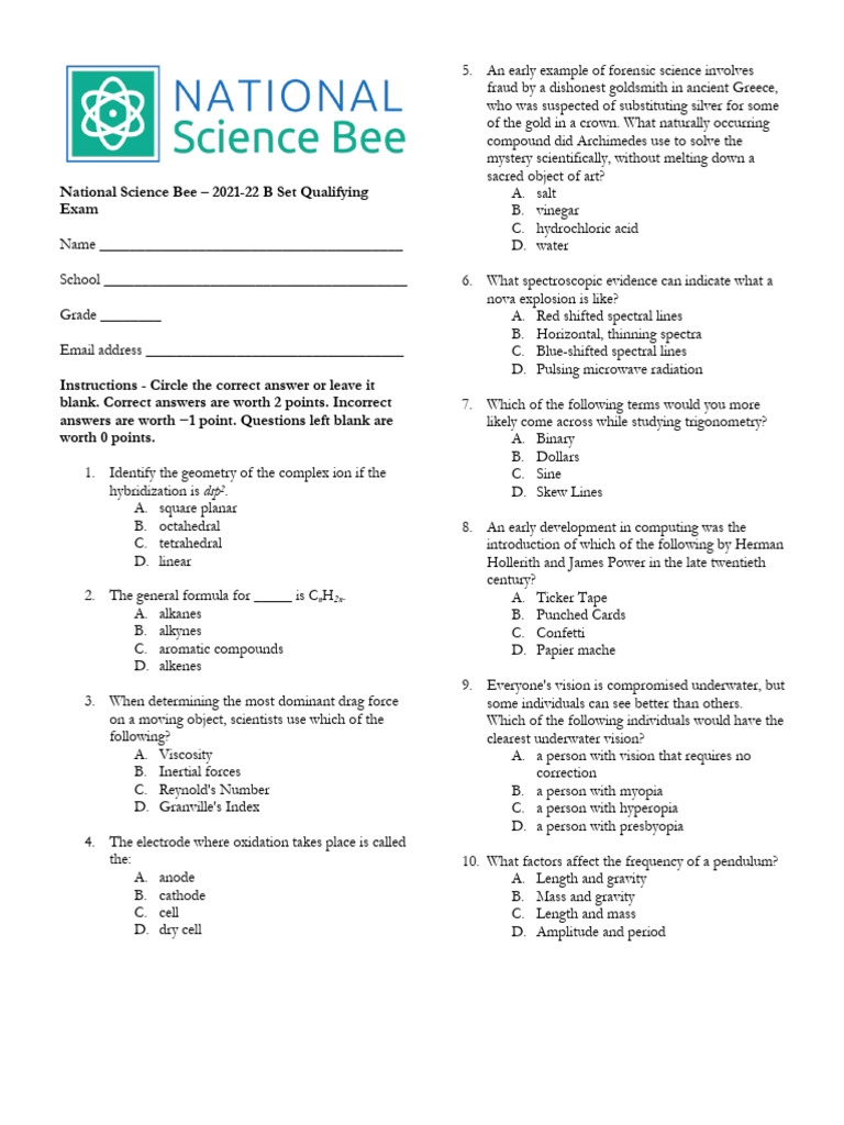 National Science Bee Set 2 | PDF | Radioactive Decay | Chemistry