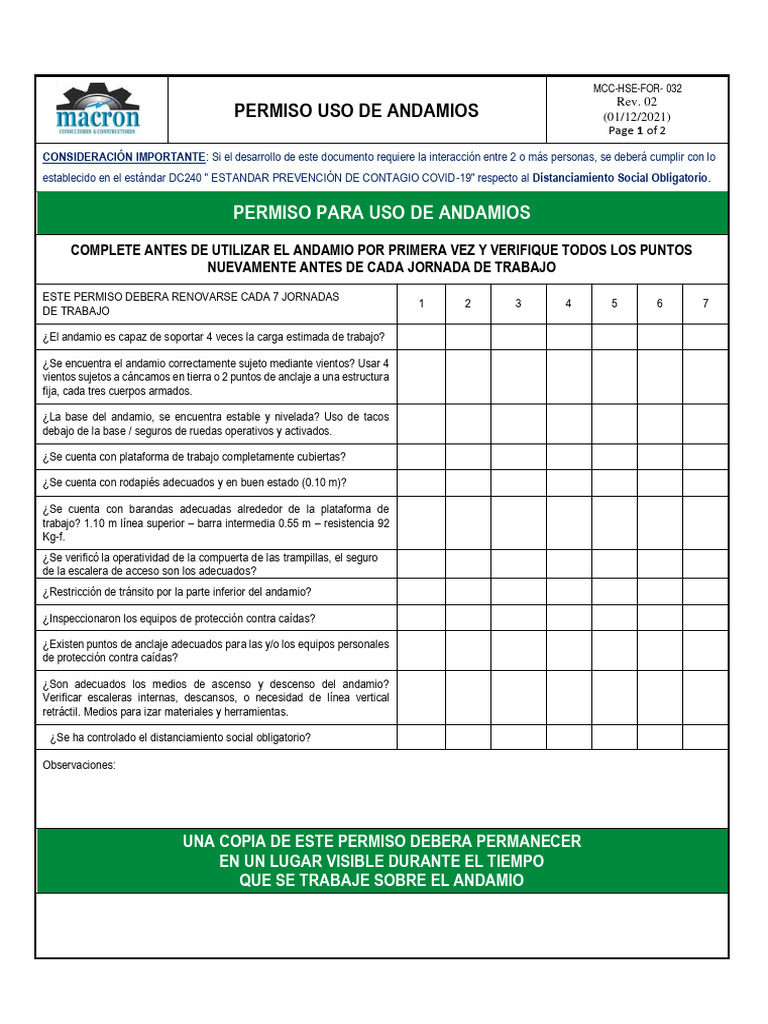 F32 - Permiso para Uso de Andamios | PDF F32 - Permiso para Uso de Andamios | PDF