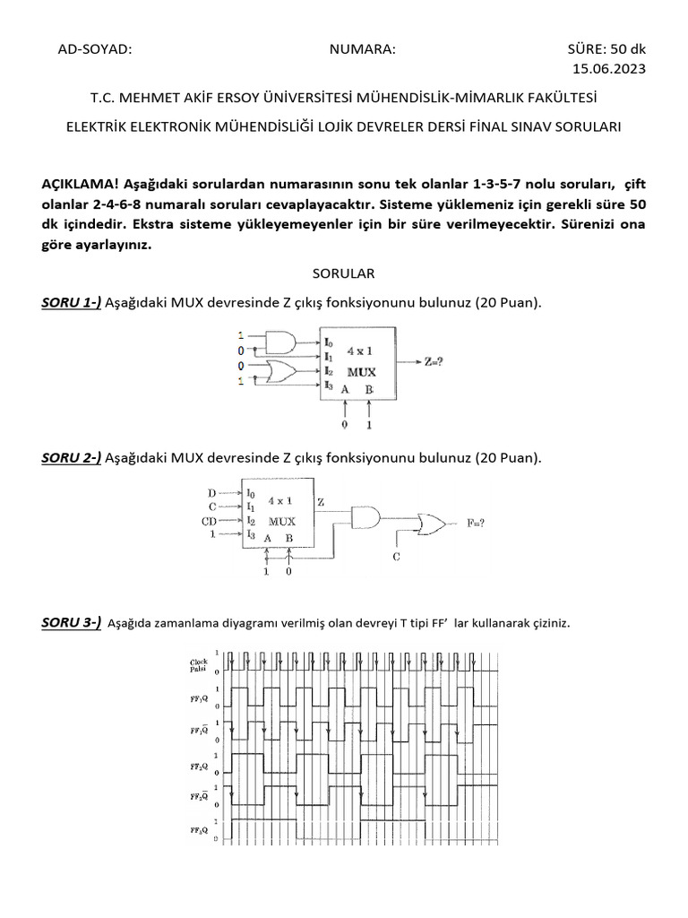 Lojik Devreler Final 20222023 | PDF