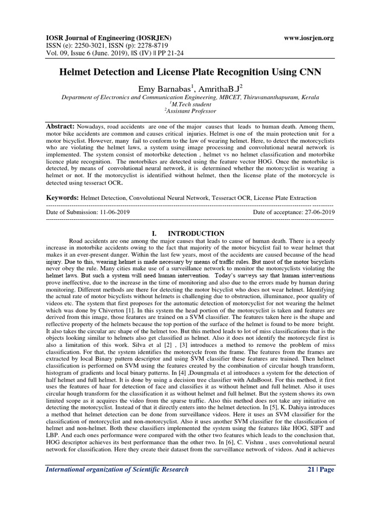 Helmet Detection and License Plate Recognition Using CNN: Emy Barnabas, Amrithab.J | PDF ...
