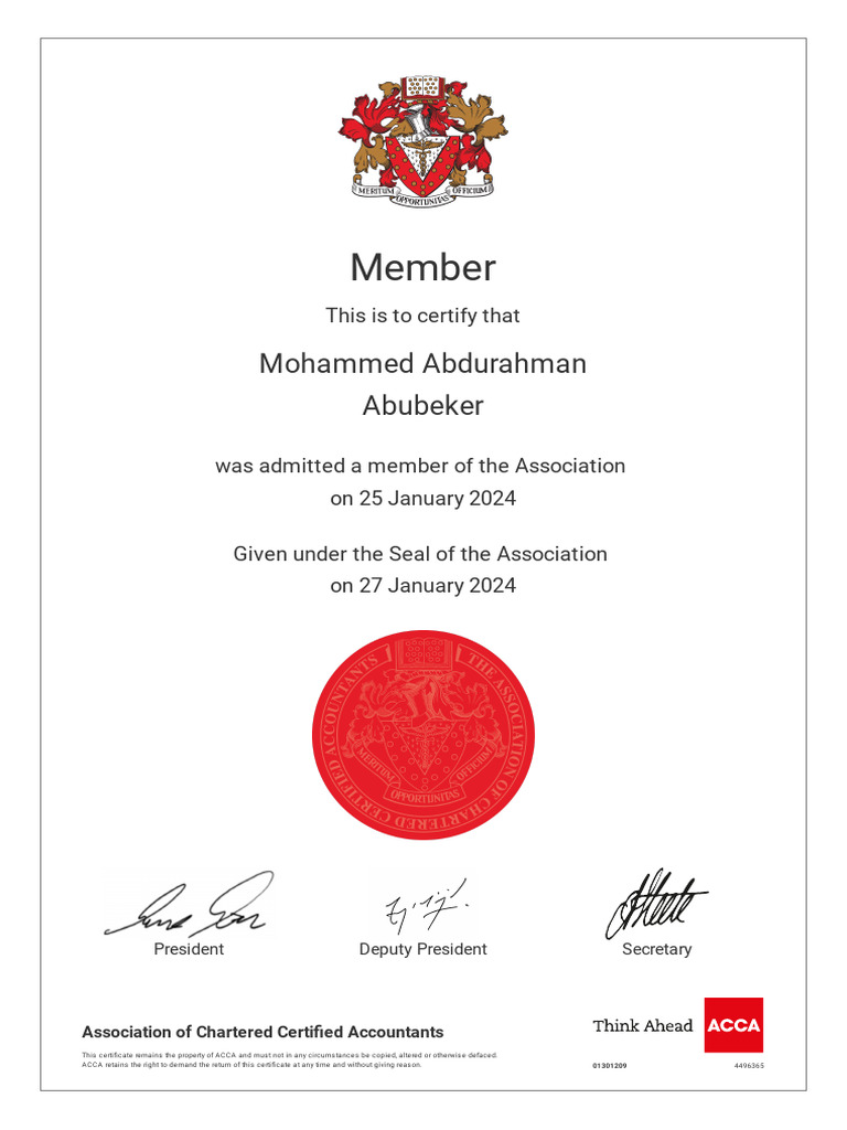 ACCA Membership Certificate for Mohammed Abdurahman | PDF