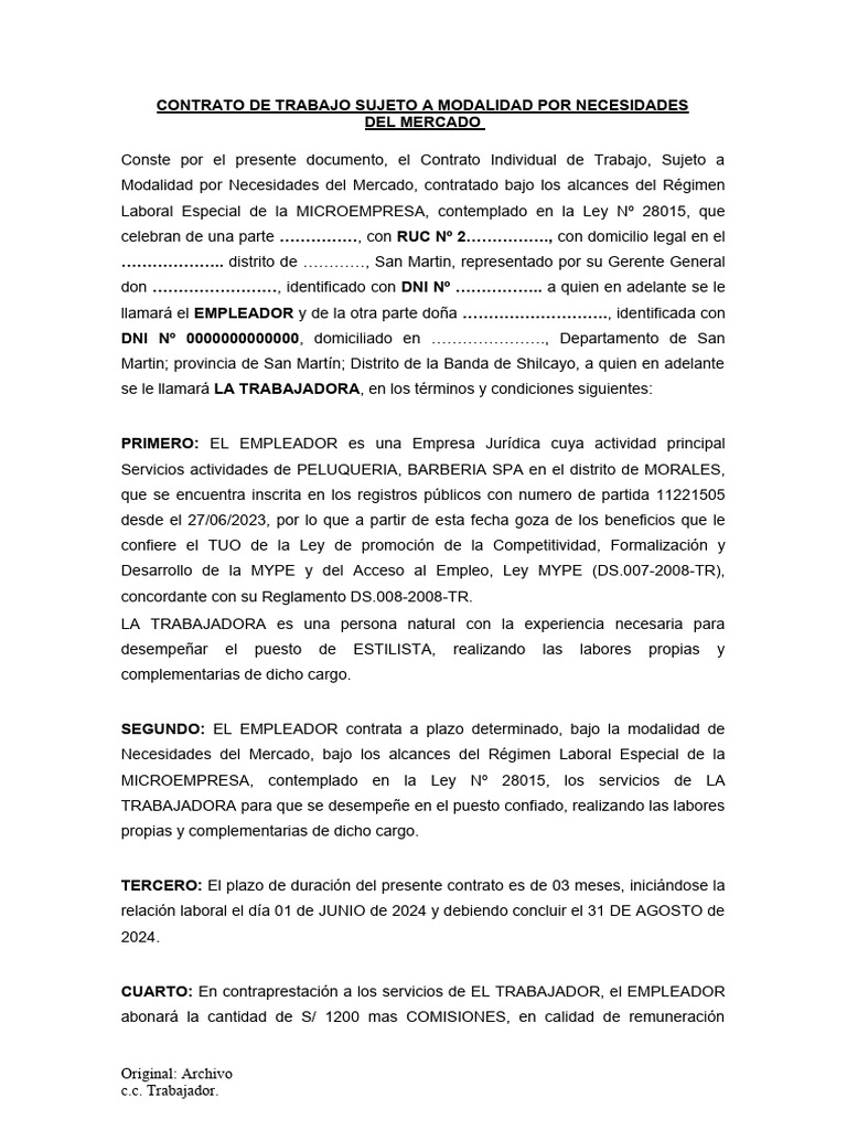 Contrato de Trabajo Sujeto A Modalidad Por Necesidades Del Mercado | PDF | Derecho laboral ...