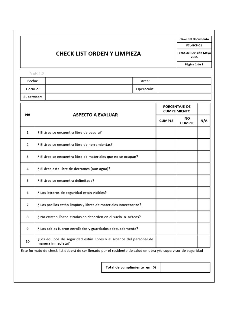 2.1. Check list de orden y limpieza. | PDF 2.1. Check list de orden y limpieza. | PDF