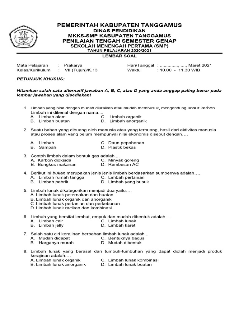 SOAL PTS PRAKARYA 7 Genap TP. 2020-2021 | PDF | Griya & Taman
