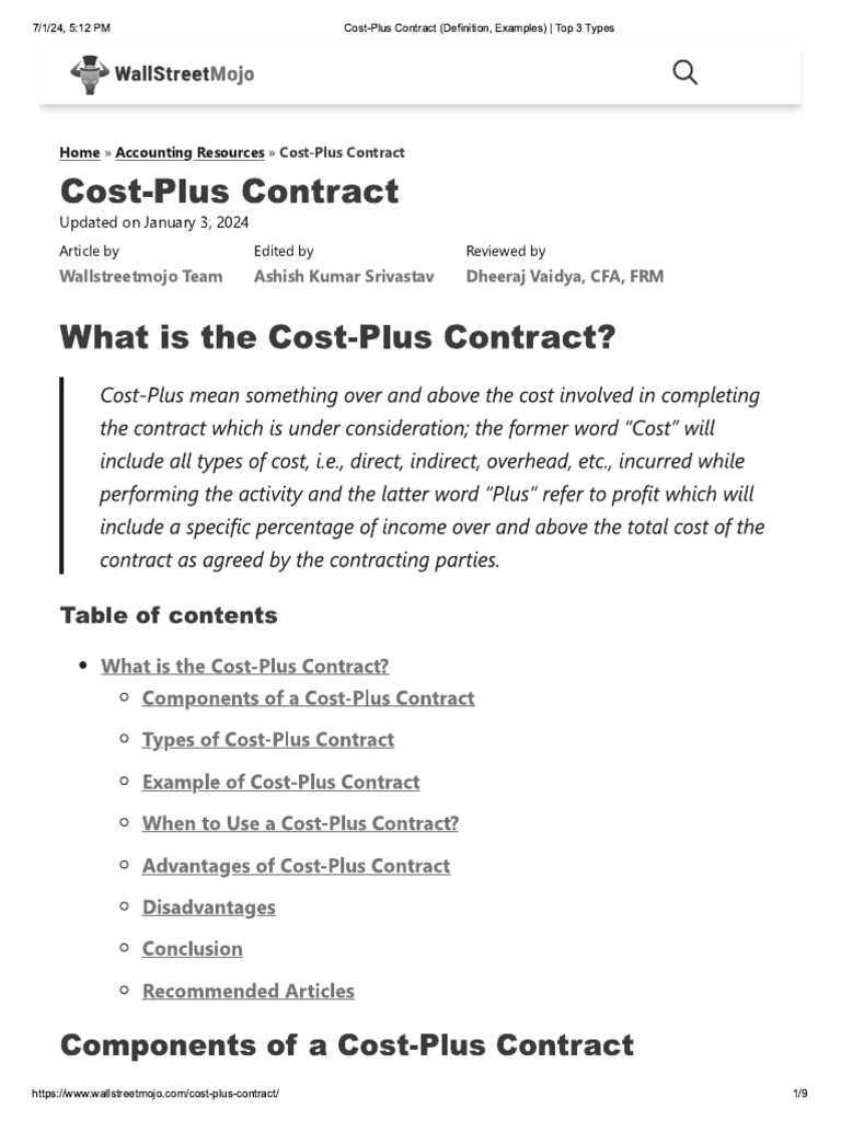 Cost-Plus Contract (Definition, Examples) - Top 3 Types | PDF